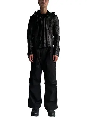 SAN263-1 Embroidered Hooded Leather Jacket - Black