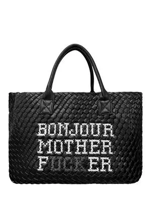 LILLY LOVES Woven Vegan Leather Tote With Slogan - Black