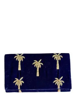 PICK HAPPY Beaded Palm Tree Velvet Mini Clutch - Blue