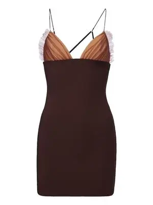 NENSI DOJAKA Tulle-trimmed Ruched Jersey Minidress - Brown