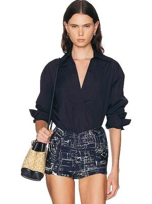 TWP V-neck Poplin Top With Button Cuffs - Midnight