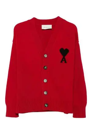 AMI Paris V-neck Cardigan With De Coeur Motif - Red