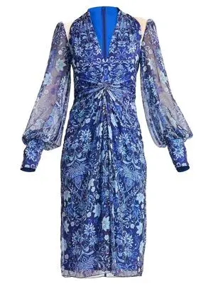 Tadashi Shoji Floral Print V-neck Cold-shoulder Midi Dress - Blue