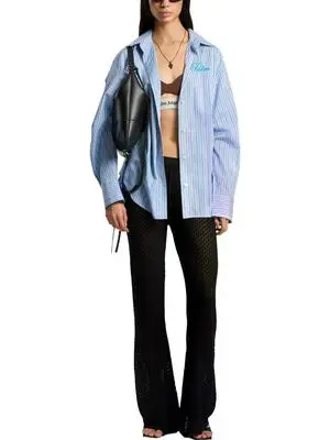 Palm Angels Striped Oversized Shirt With Embroidered Logo - Blue