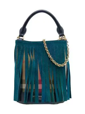 Burberry House Check Canvas And Suede Fringe Bucket Bag - Blue