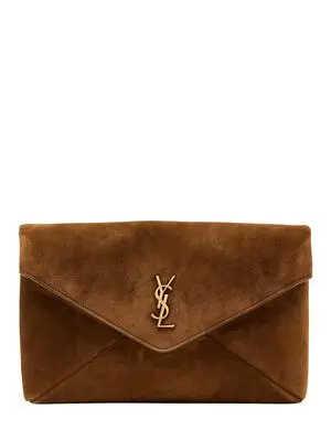 Saint Laurent Large Envelope Pouch In Suede And Satin - Brown