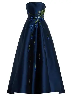 Monique Lhuillier Embroidered Mikado Silk Ball Gown - Navy