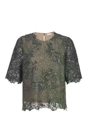 Brunello Cucinelli Lace-embroidered Mohair And Wool T-shirt - Grey