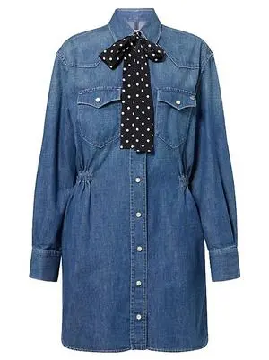 Valentino Garavani Denim Midi Shirt Dress With Polka Dot Scarf Tie - Medium Blue Denim