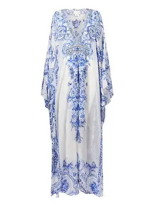 Camilla Porcelain Print V-neck Silk Kaftan - Ceramic Panoramic