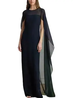 Ralph Lauren Cape Overlay Georgette Gown Maxi Dress - Blue