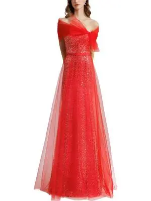GEMY MAALOUF Off-the-shoulder Sequin Embellished Gown With Bow Detail - Red