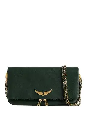 Zadig&Voltaire Zadig&Voltaire Grained Leather Rock Clutch With Embellished Wings Green