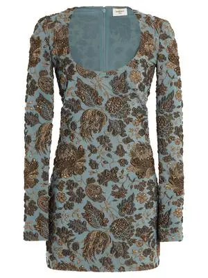Saint Laurent Floral Stretch-brocade Mini Dress - Blue