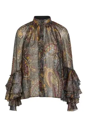Etro Printed Metallic Silk Shirt With Ruffled Cuffs - Multicoloured