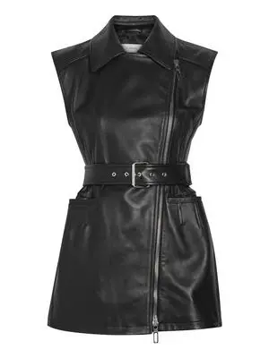 Sportmax Belted Leather Biker Vest Jacket - Black