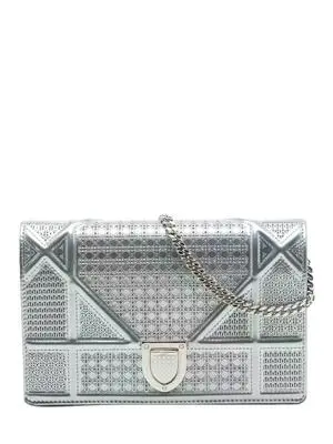 Dior Metallic Patent Microcannage Diorama Wallet On Chain Crossbody Bag - Silver