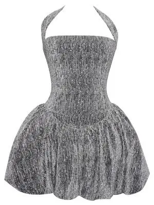 MISS CIRCLE NEW YORK Naomie Crystal Embellished Bubble Hem Halter Mini Dress - Silver