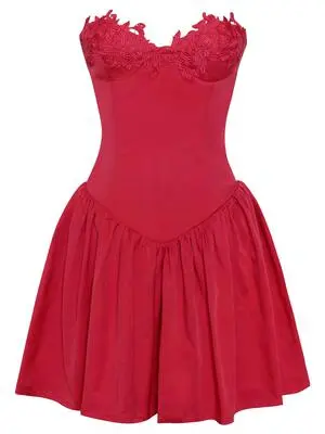 MISS CIRCLE NEW YORK Sacha Lace Drop Waist Corset Puffy Strapless Mini Dress - Red