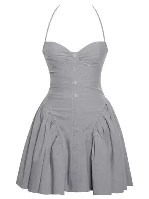 MISS CIRCLE NEW YORK Melody Gray Stripe Halter Drop Waist Mini Dress - Grey