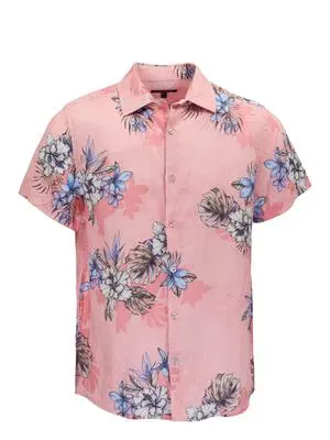 LORDS OF HARLECH Loic Exotic Floral Coral Linen Printed Shirt - Pink