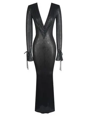 MISS CIRCLE NEW YORK Ilysia V-neck Plunge Snakeskin Mermaid Hem Maxi Dress - Black