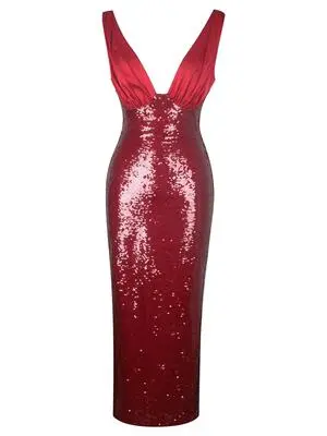 MISS CIRCLE NEW YORK Sequin Plunging Midi Dress - Red