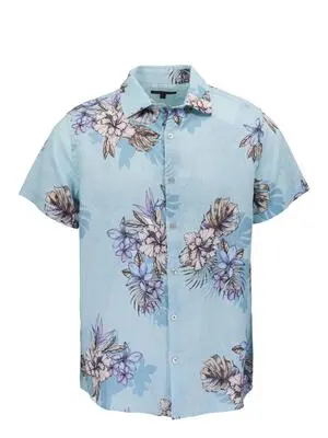 LORDS OF HARLECH Loic Exotic Floral Teal Linen Printed Shirt - Blue