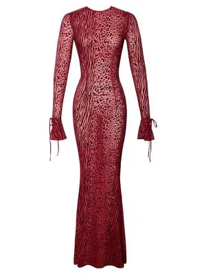 MISS CIRCLE NEW YORK Waylynn Burnout Velvet Detail Mesh Backless Maxi Dress - Red
