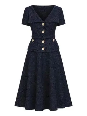 SELF-PORTRAIT Navy Boucle Tailored Midi Dress - Blue
