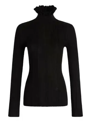 PATOU Ribbed Knit High Neck Sweater With Ruffle Trim - Black