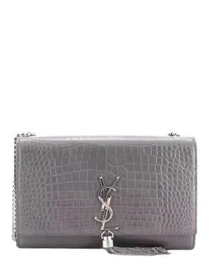 Saint Laurent Monogram Tassel Crocodile Embossed Leather Medium Crossbody Bag - Grey