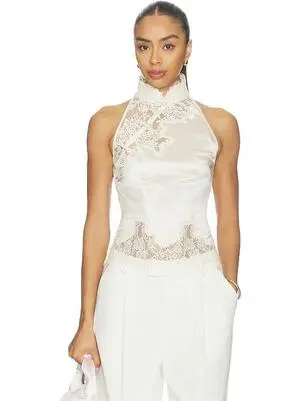 SAU LEE Elva Satin Top With Lace Trim - White