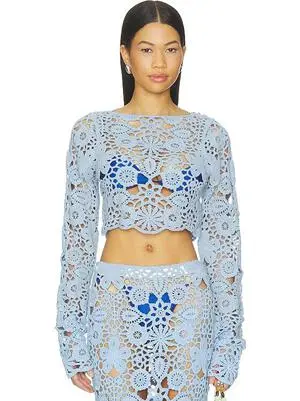 SNDYS. Crochet Cropped Top With Scalloped Hem - Blue