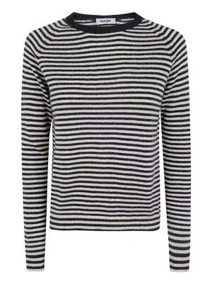 BASE Striped Cashmere Crew Neck Sweater - Black