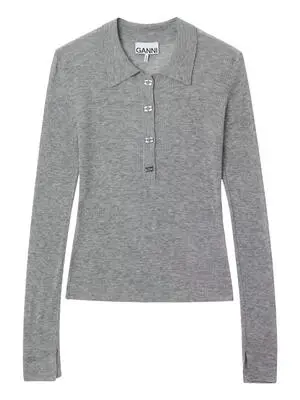 GANNI Crystal-embellished Ribbed Knit Polo Top - Grey