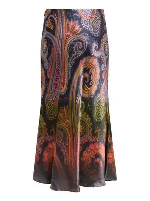 Etro Envers Satin Midi Skirt With Placed Degrade Paisley Print - Blue