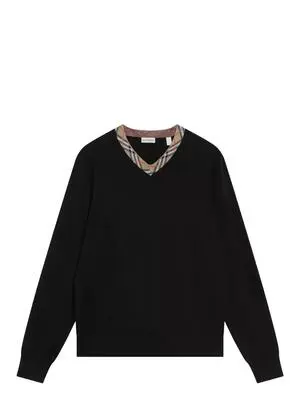 Burberry V-neck Sweater With Check Trim - Black