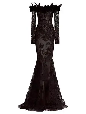 GEMY MAALOUF Off-the-shoulder Lace Gown - Black
