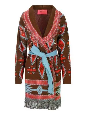 COLOUR MARKET Geometric Pattern Fringed Cardigan - Brown