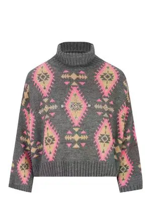 COLOUR MARKET Embellished Intarsia Knit Roll Neck Sweater - Grey