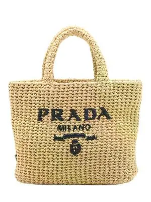 Prada Small Raffia Effect Crochet Tote Bag - Neutrals