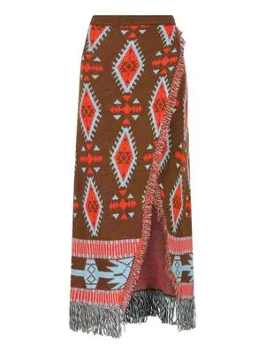 COLOUR MARKET Fringed Intarsia-knit Maxi Skirt - Brown