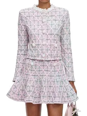 SELF-PORTRAIT Checked Knit Jacket With Faux-pearl And Floral Embellishments - Pink