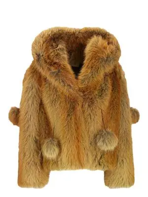 UNCOMMON Hooded Faux Fur Jacket With Pom-pom Details - Brown