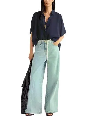 Momoni Crepe Shirt With Classic Collar And Short Sleeves - Blue