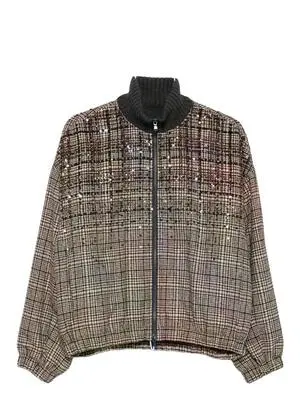 Brunello Cucinelli Sequin-embellished Check Bomber Jacket - Brown