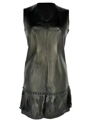 Saint Laurent Leather V-neck Fringe Dress - Black