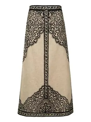 Johanna Ortiz Loose Horizon Embroidered Linen Maxi Skirt - Tan
