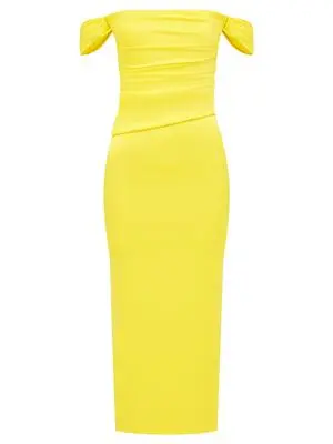 Alex Perry Off Shoulder Tucked Dress In Satin Crepe - Yellow